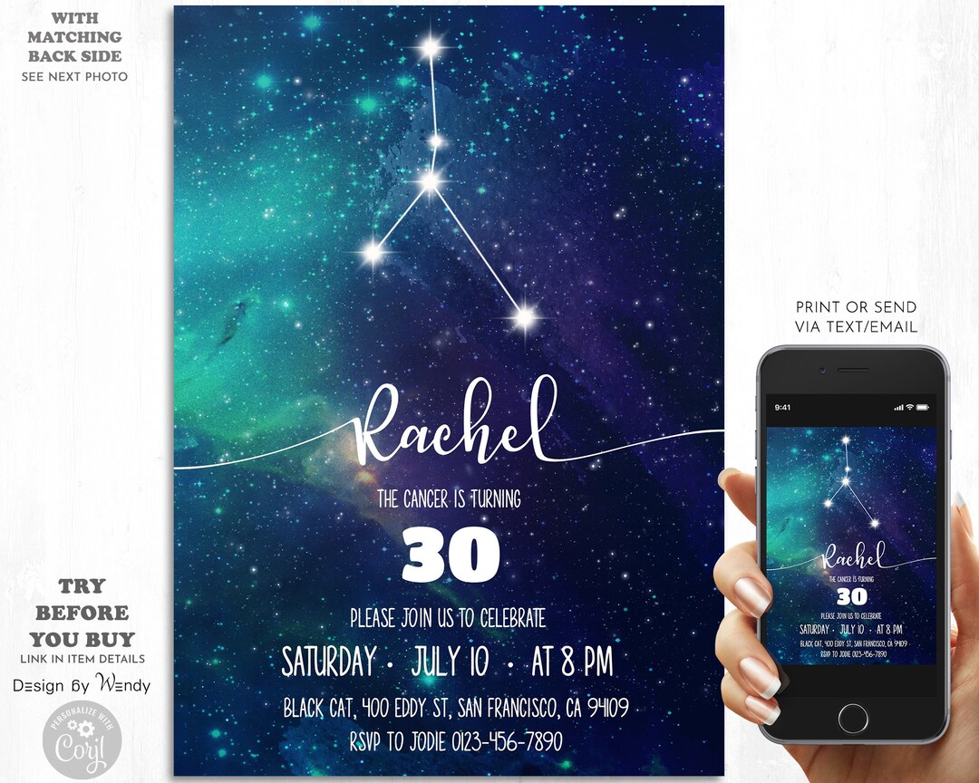 Cancer Zodiac Birthday Invitation, Editable Invitation Template, Cancer ...
