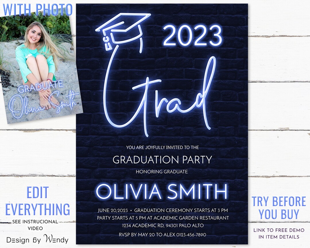 Editable Graduation Invite Template. Printable Blue Neon Graduation ...