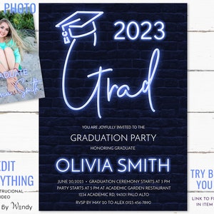 Editable Graduation Invite Template. Printable Blue Neon Graduation ...