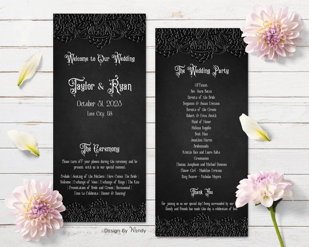 Black Wedding Program Template. Gothic Wedding Ceremony Program With ...