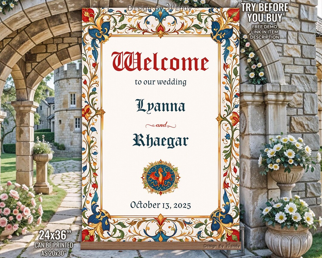 Medieval Wedding Sign. Welcome Sign Template With Illuminated Dragon ...