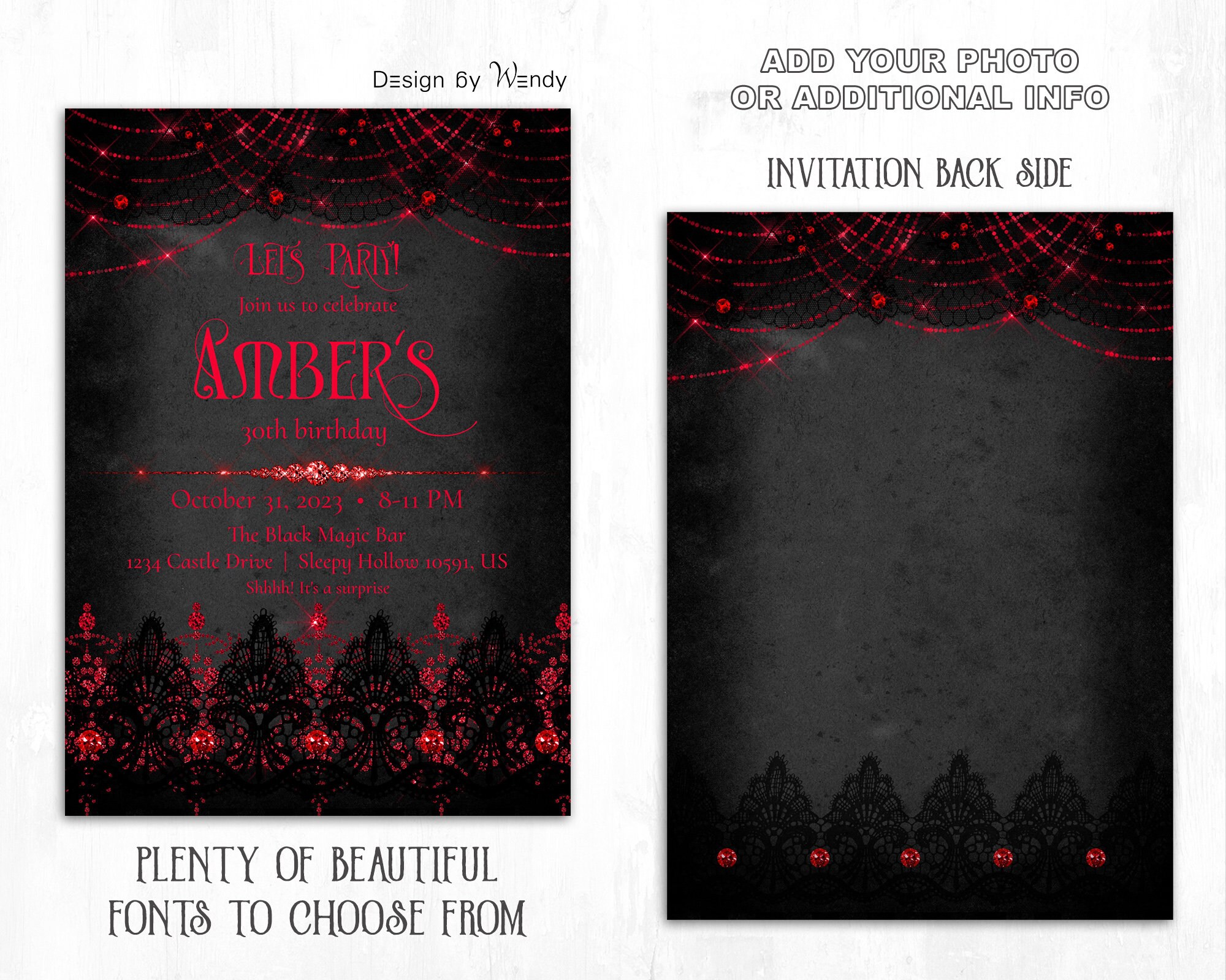 Goth Glam Birthday Invitation Template Red & Black Lace and | Etsy