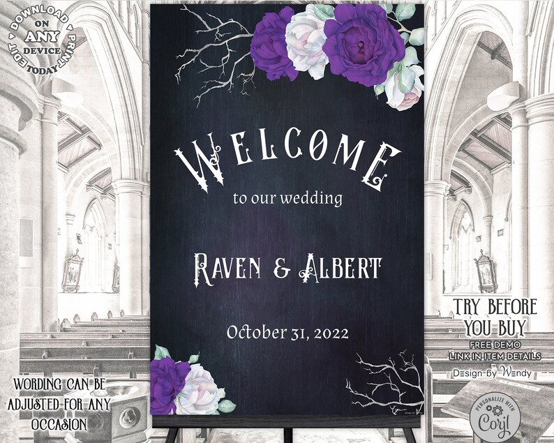 Purple gothic wedding sign. Roses and thorns gothic welcome | Etsy