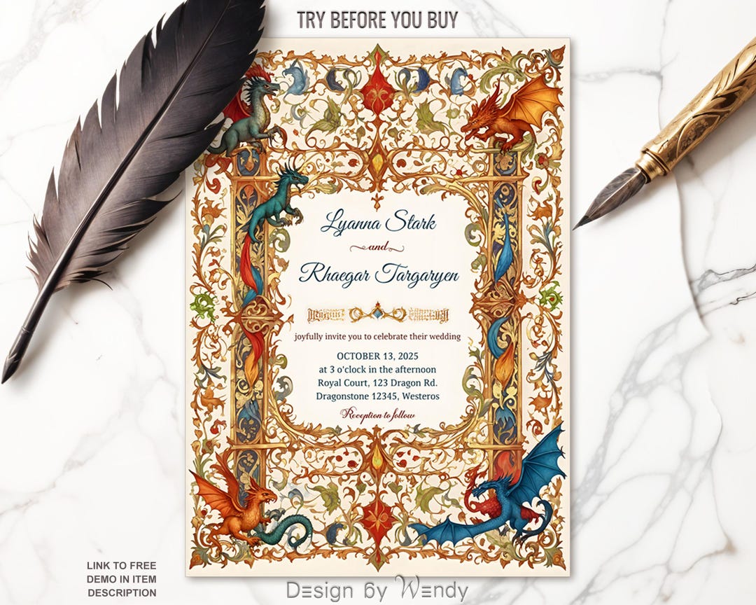 Editable Medieval Wedding Invitation With Dragons and Fantastic Beasts ...