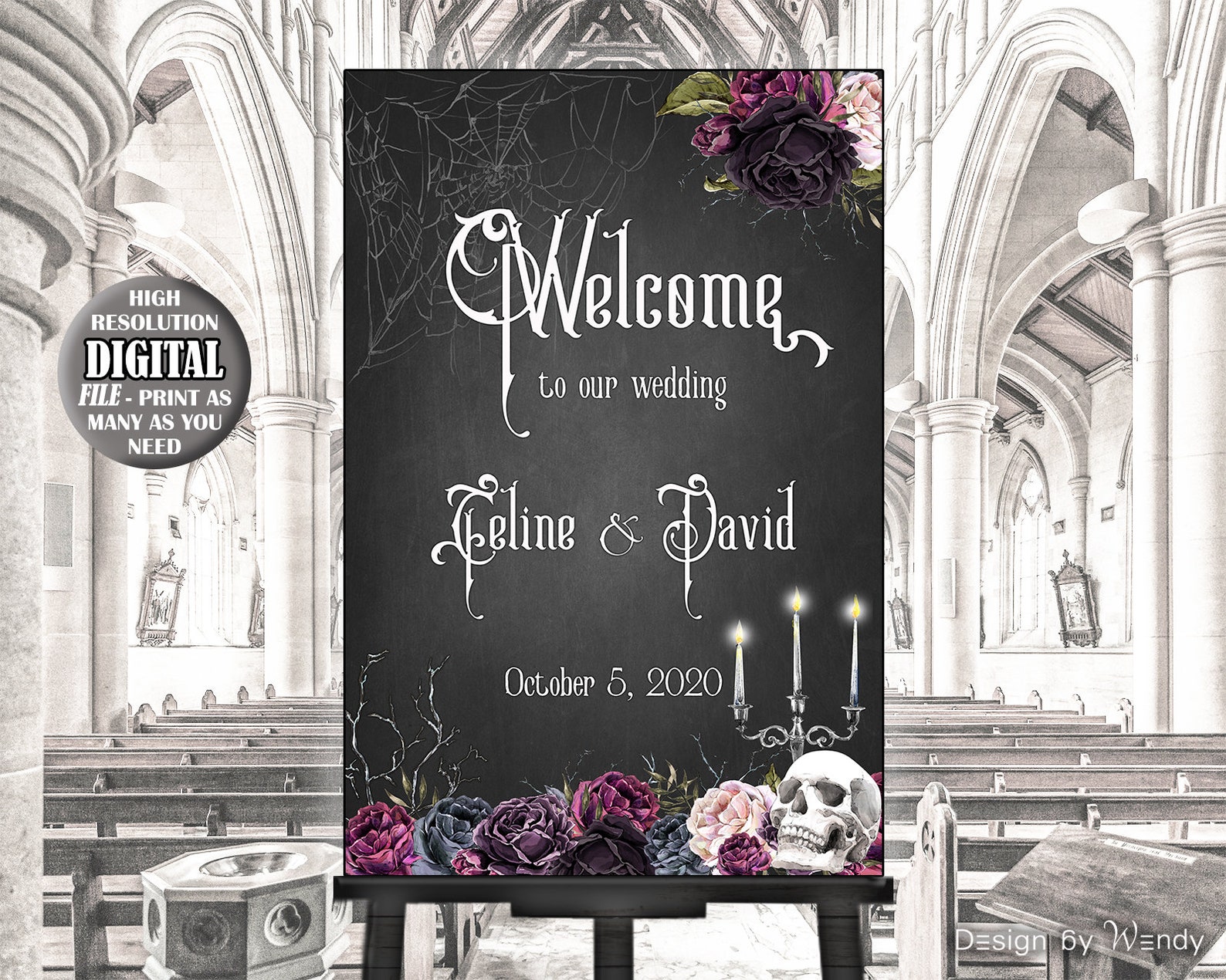 Gothic wedding sign skulls and roses printable gothic wedding | Etsy