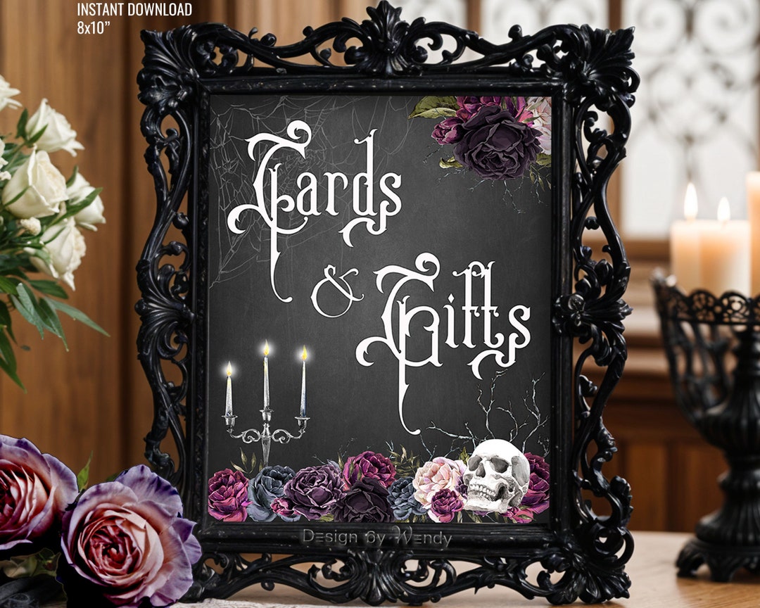 Gothic Cards & Gifts Sign With Roses and Skull. Gothic Wedding Party ...
