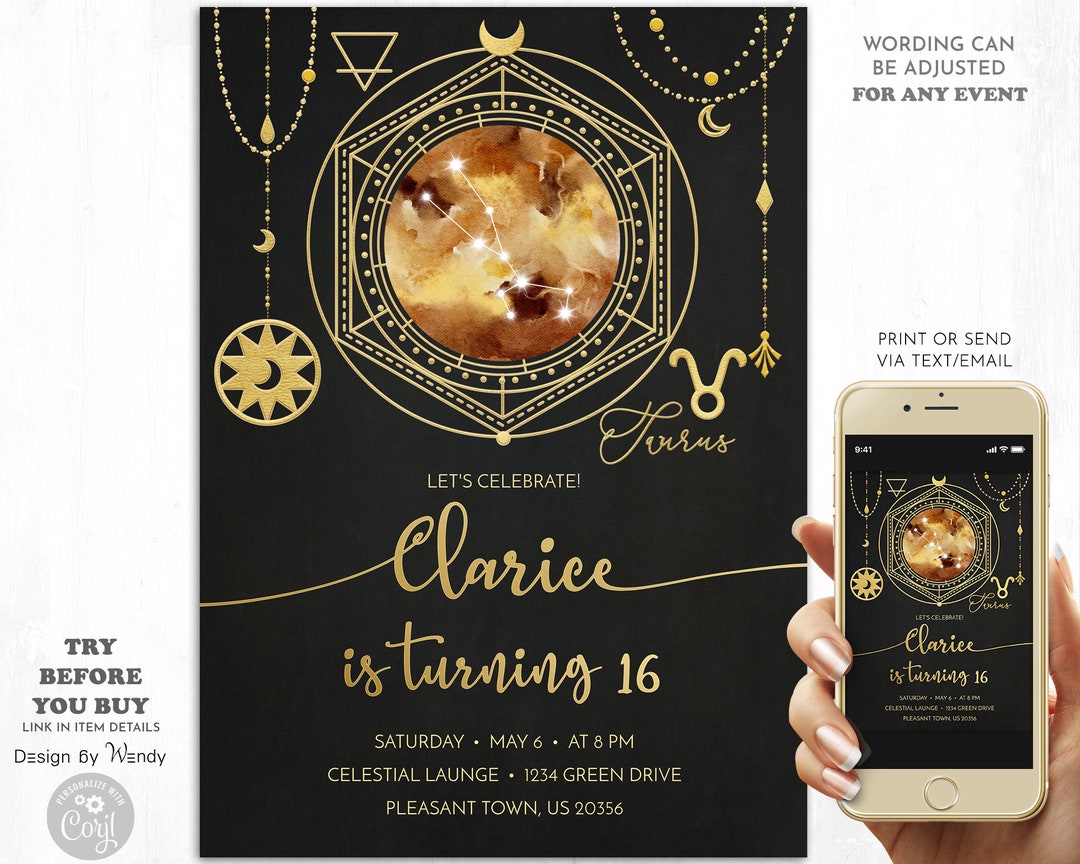 Taurus Zodiac Birthday Invitation, Editable Invitation Template. Black ...