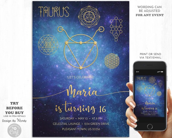 Taurus Birthday Invitation Editable Zodiac Invitation - Etsy