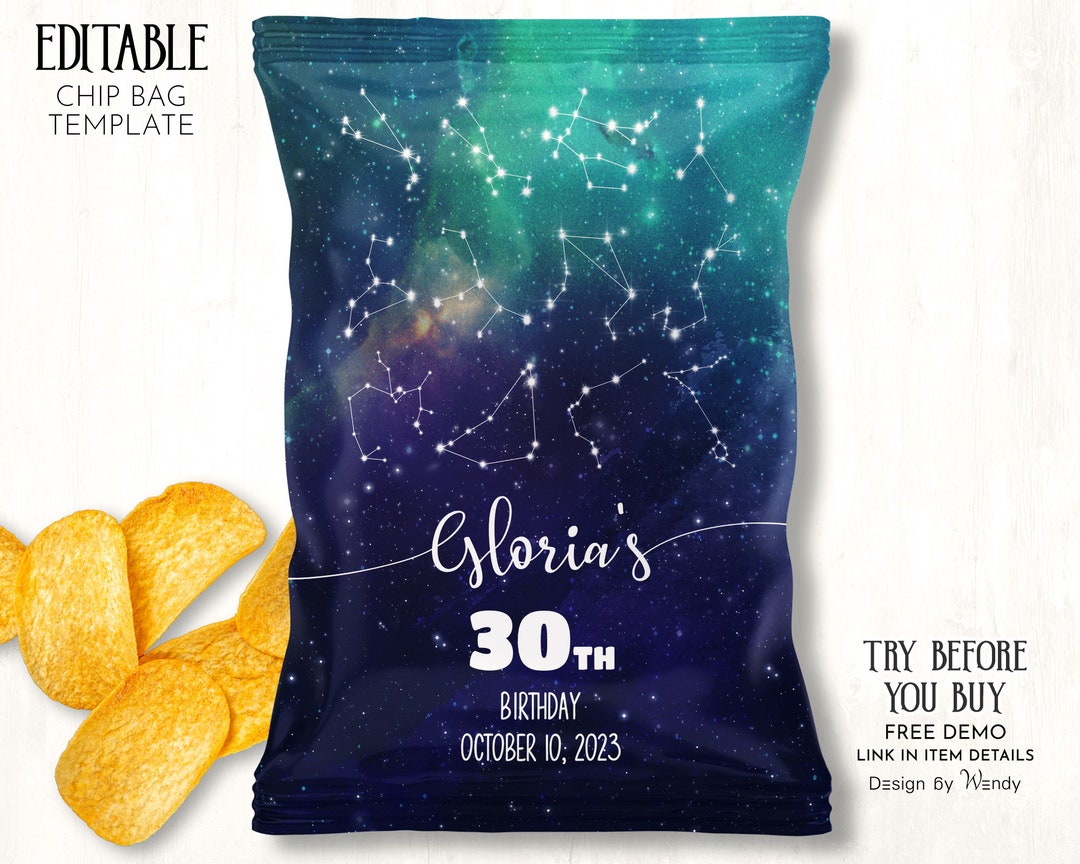 Zodiac Chip Bag Template. Galaxy and Zodiac Constellations Editable ...