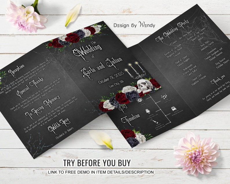 Editable Gothic Wedding Program Booklet. Skull With Red and Black Roses ...
