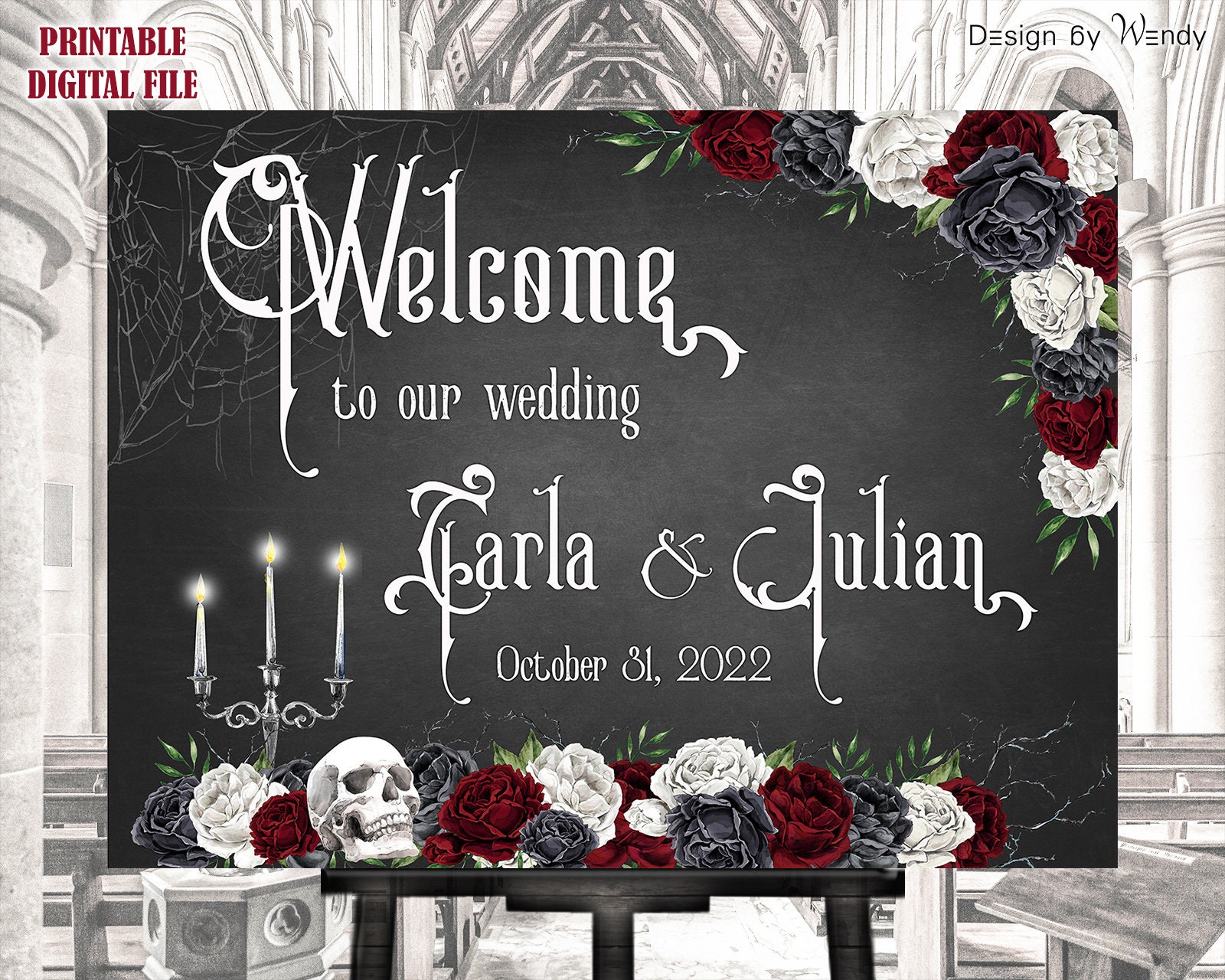 Gothic wedding sign red and black roses and skull. Digital | Etsy