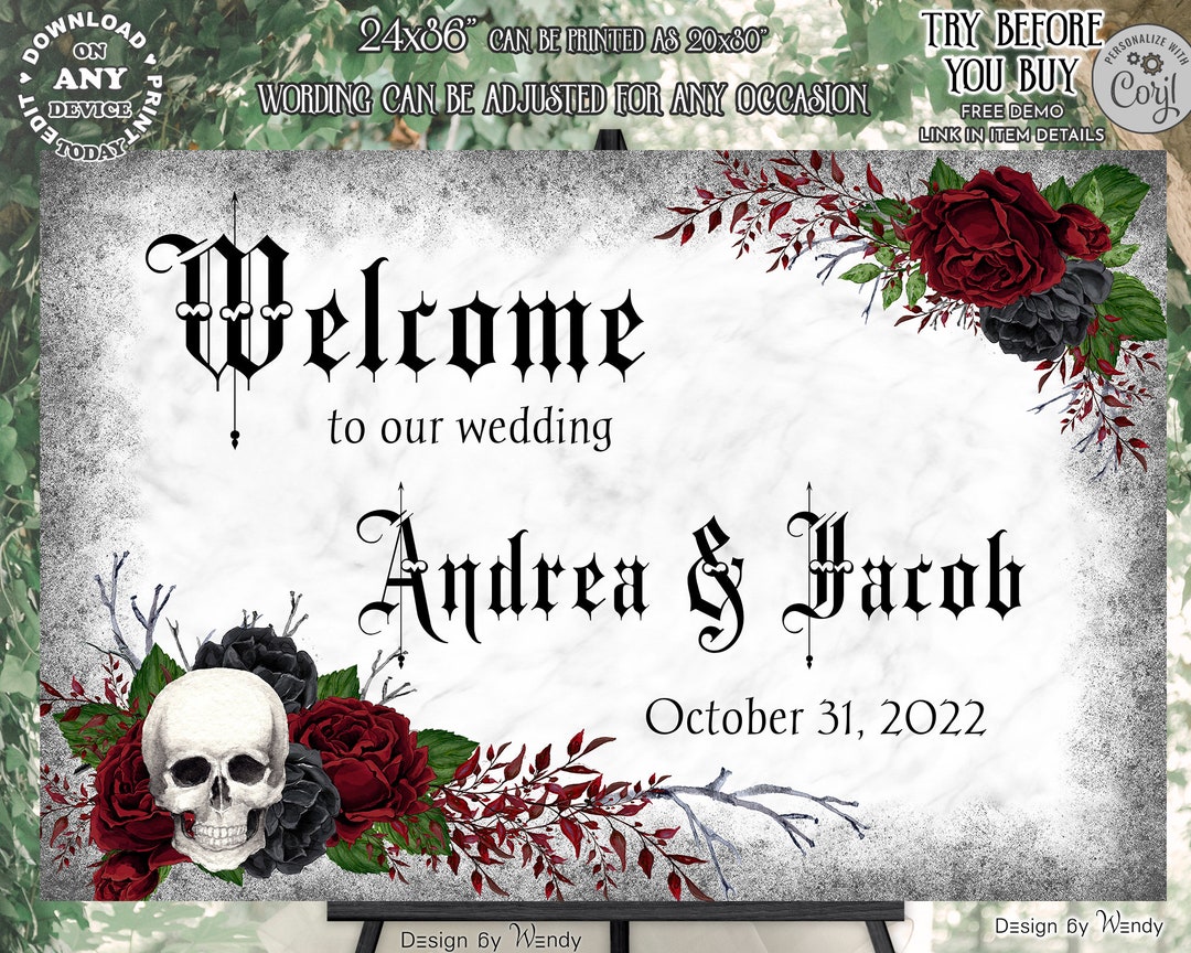 Editable Gothic Wedding Welcome Board With Skull, Red and Black Roses ...