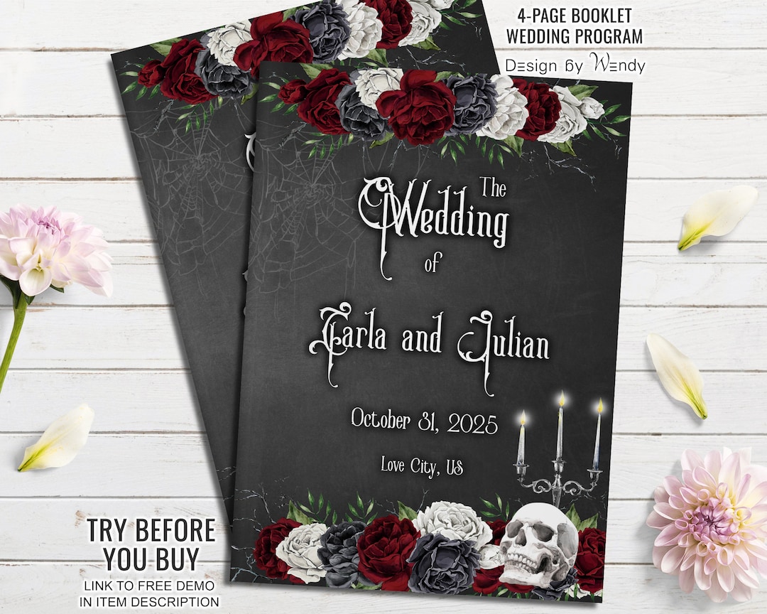 Editable Gothic Wedding Program Booklet. Skull With Red and Black Roses ...