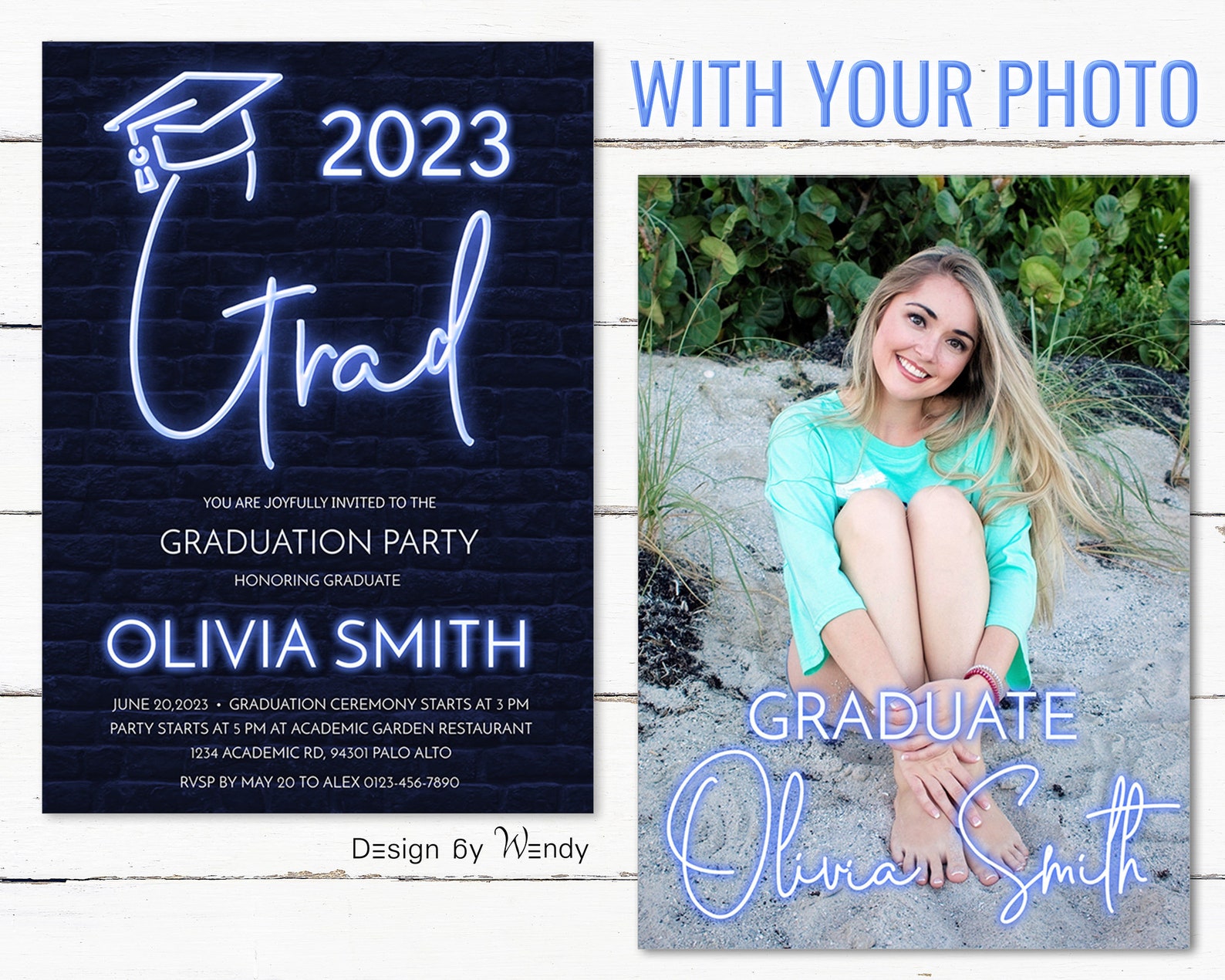 Editable Graduation Invite Template. Printable Blue Neon - Etsy