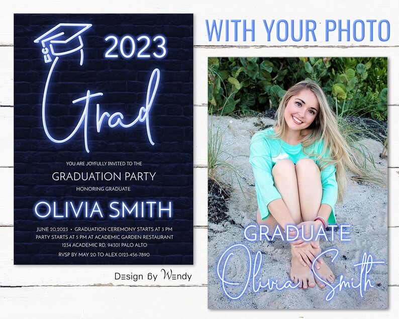 Editable Graduation Invite Template. Printable Blue Neon - Etsy