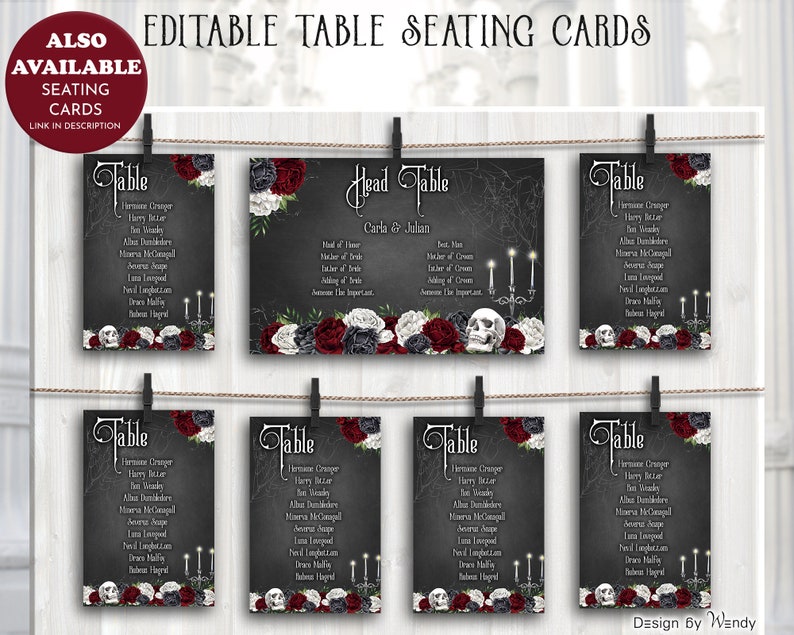 Editable Gothic Wedding Program Booklet. Skull With Red and Black Roses ...