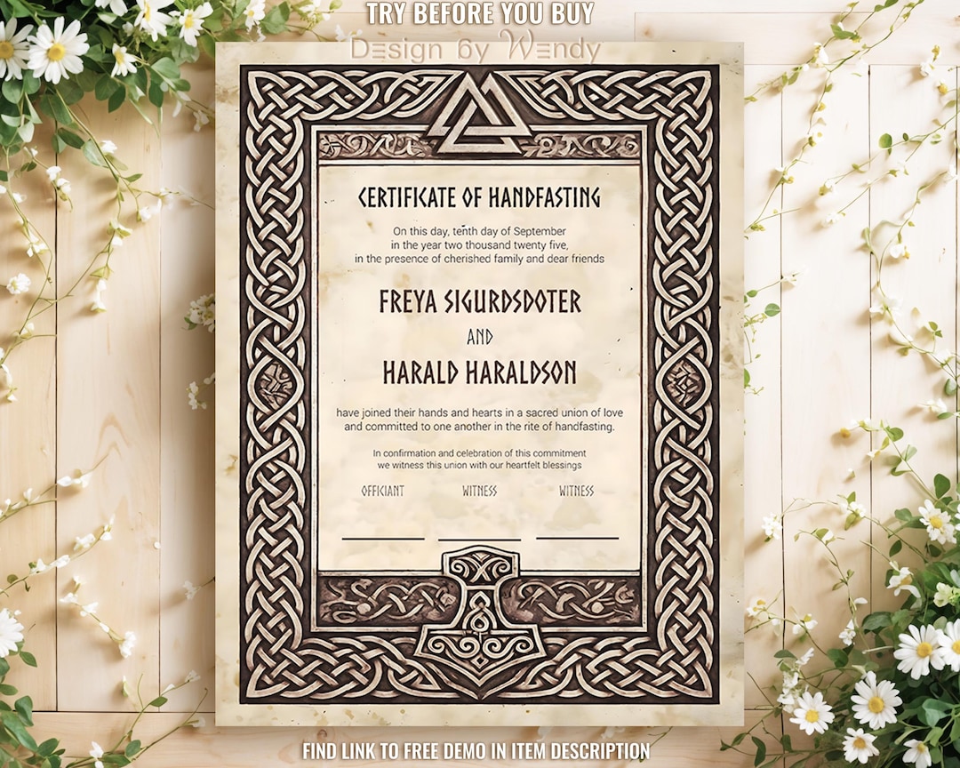 Norse Handfasting Certificate Template. Viking Marriage Certificate ...
