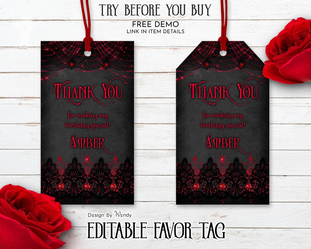 Editable Goth Glam Favor Tag Template. Red Glitter & Black - Etsy