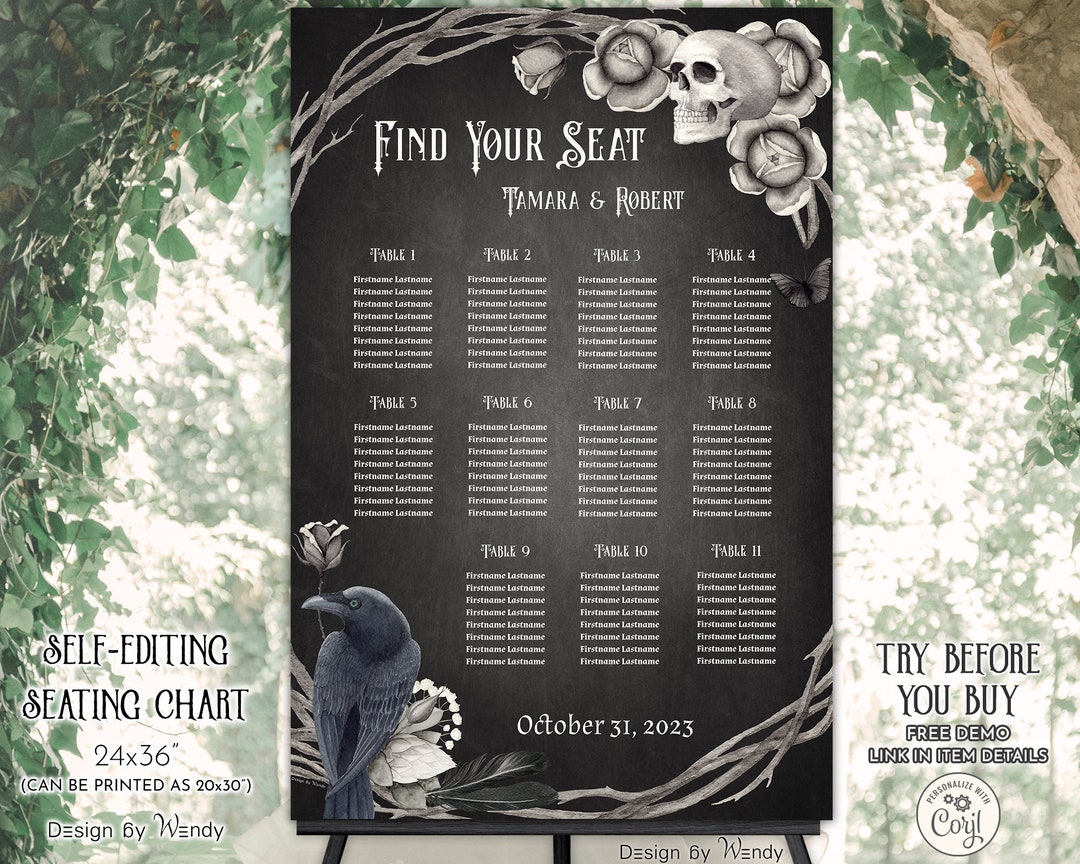 Editable Dinner Seating Plan, Black Raven. Gothic Wedding Seating Chart ...