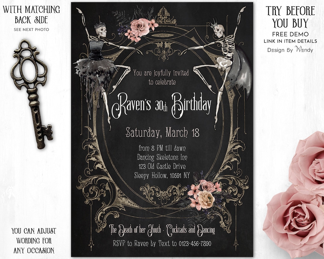 Editable Gothic Birthday Invite Dancing Skeletons. Editable Gothic ...