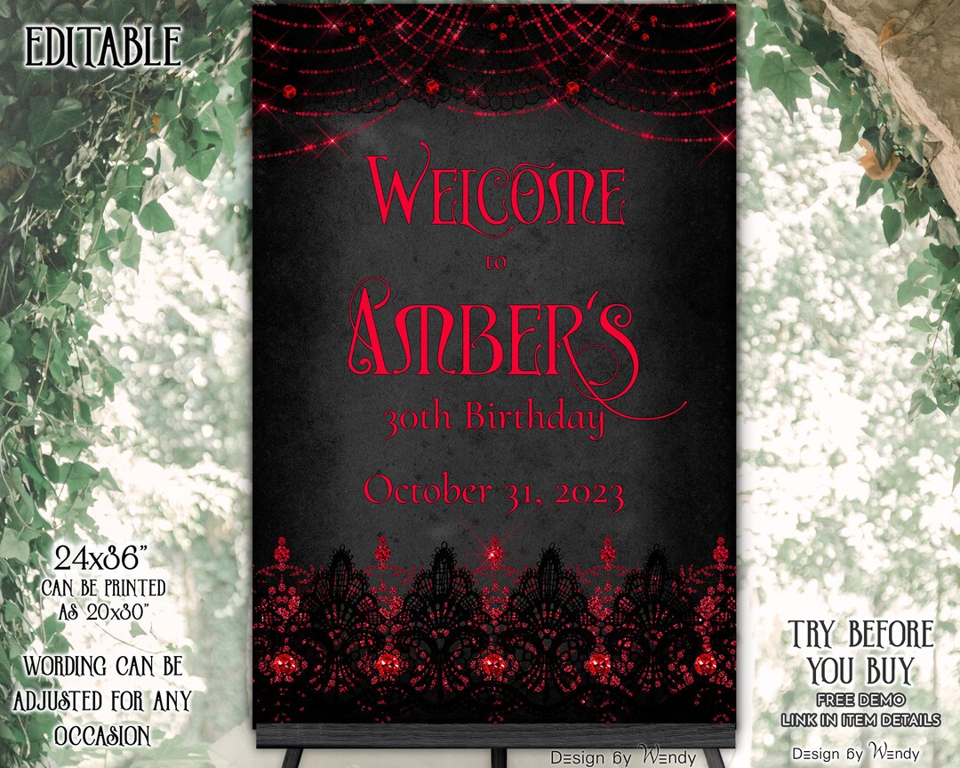 Goth Glam Welcome Sign Template. Red & Black Lace Glitter Sign - Etsy