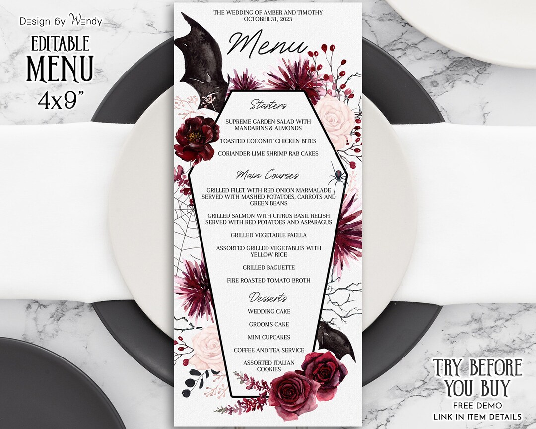 Coffin Wedding Menu Template, Editable Halloween Gothic Wedding Menu ...