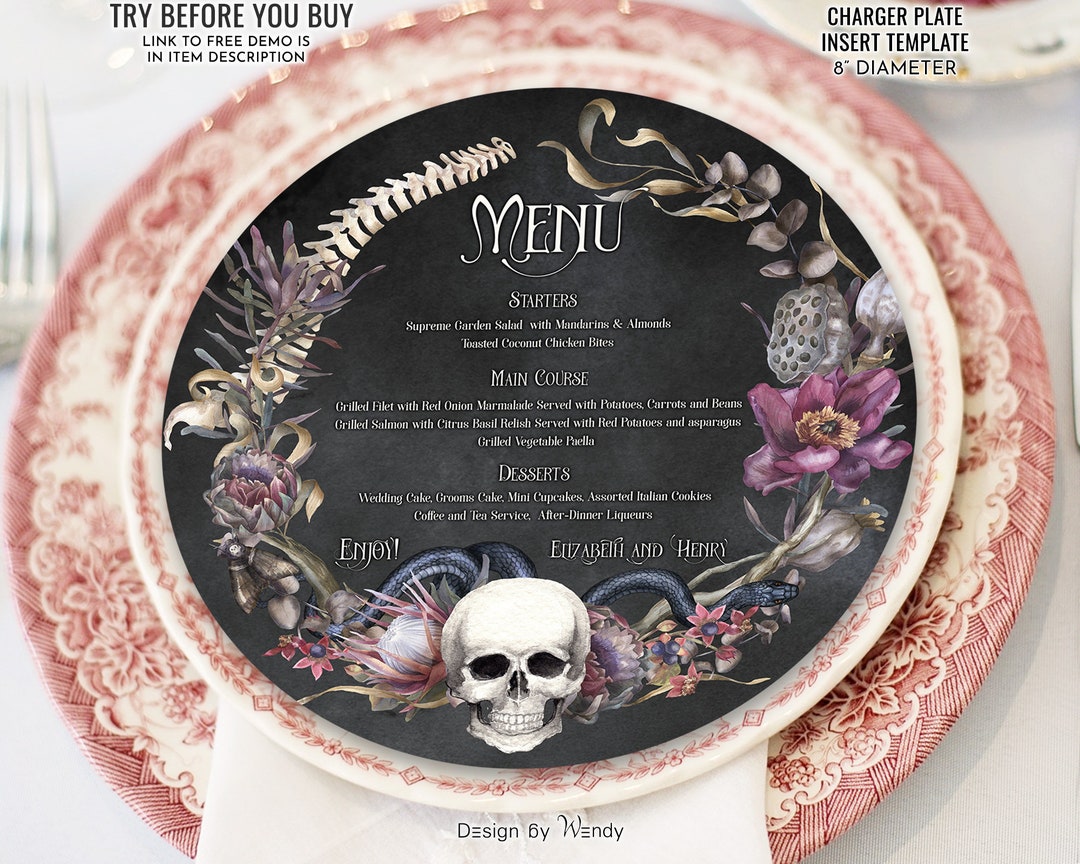 Gothic Menu Circular Template. Macabre Charger Plate Menu With Skull ...