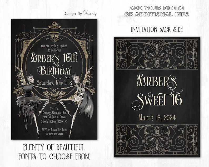 Gothic Birthday Invitation Dancing Skeletons. Editable Gothic Party ...