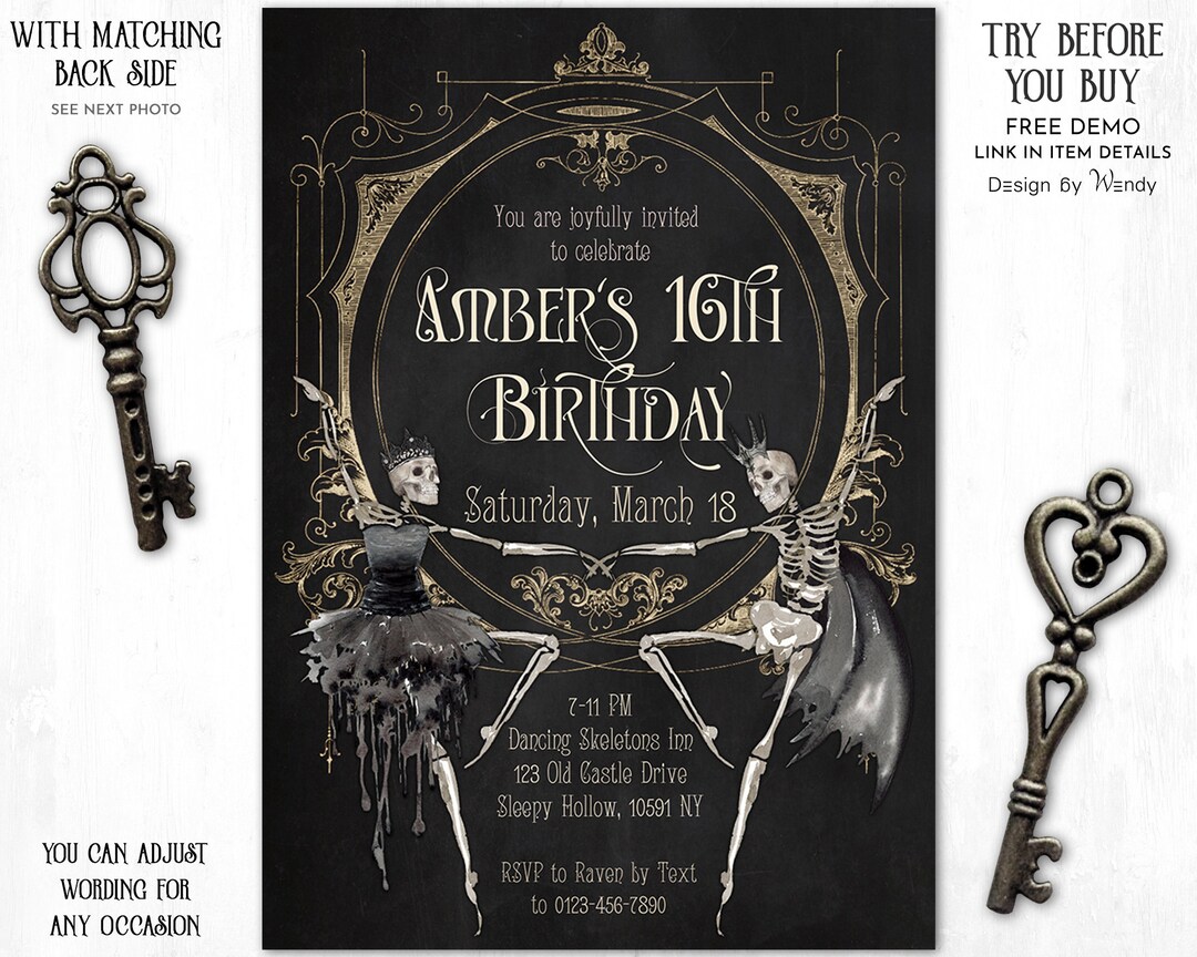 Gothic Birthday Invitation Dancing Skeletons. Editable Gothic Party ...