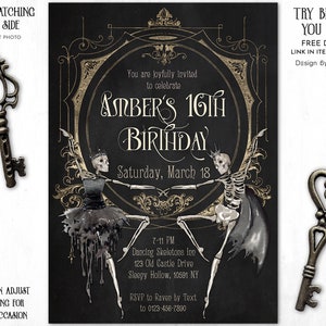 Gothic Birthday Invitation Dancing Skeletons. Editable Gothic Party ...