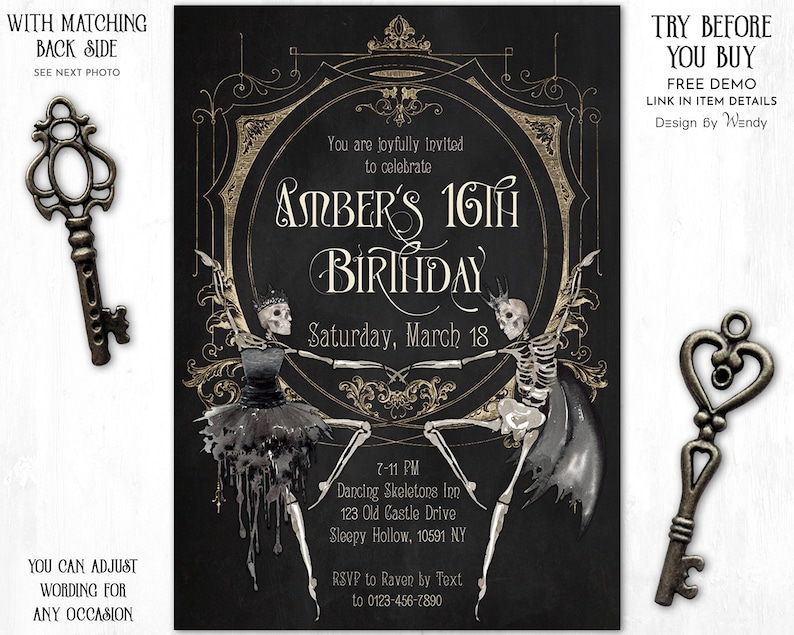 Gothic Birthday Invitation Dancing Skeletons. Editable Gothic - Etsy