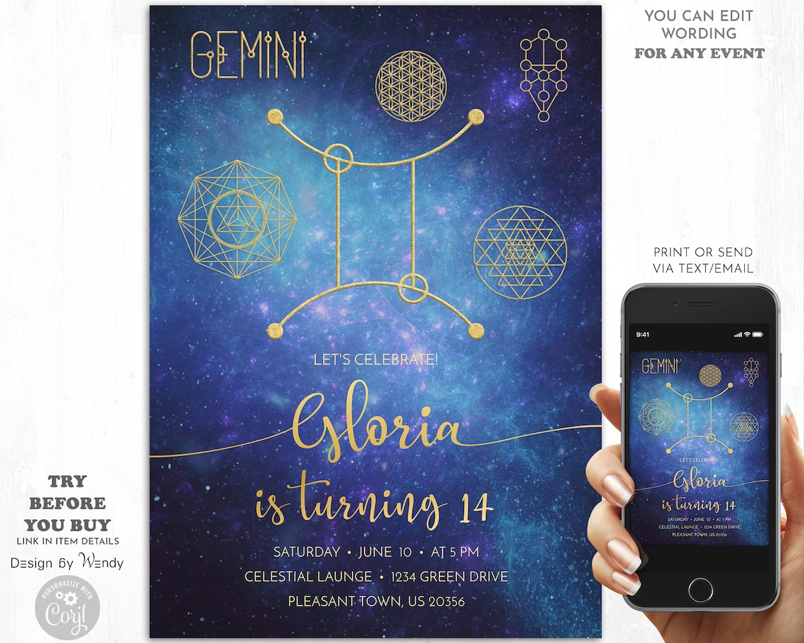 Gemini Birthday Invitation Editable Zodiac Invitation - Etsy