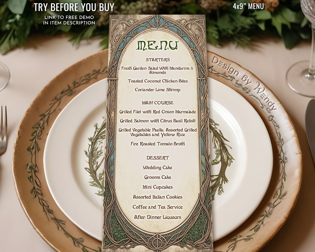 Menu Template, Celtic Fantasy Wedding Menu. Editable Art Nouveau ...