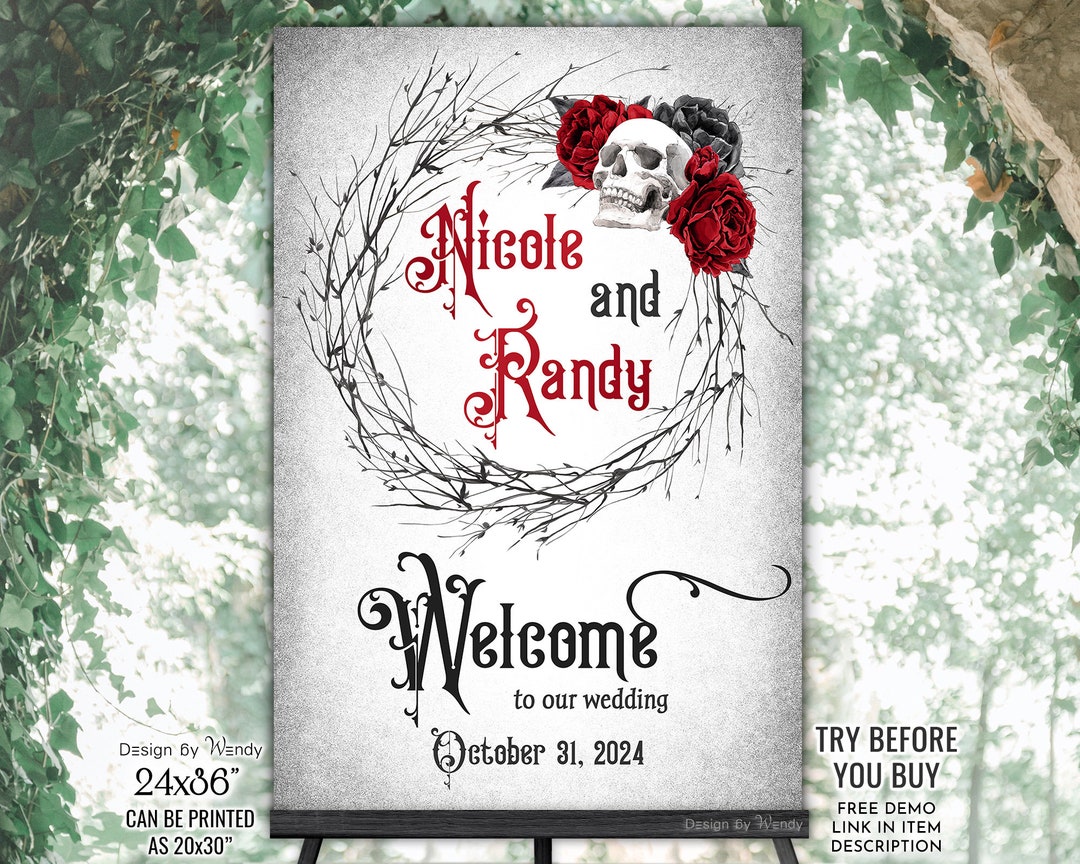 Gothic Wedding Welcome Sign Template. Skull on Thorn Wreath, Red and ...