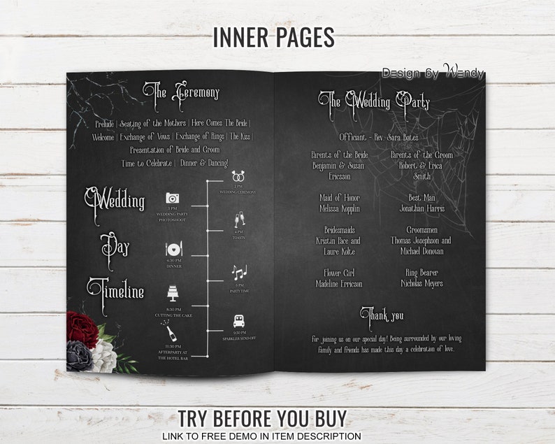 Editable Gothic Wedding Program Booklet. Skull With Red and Black Roses ...