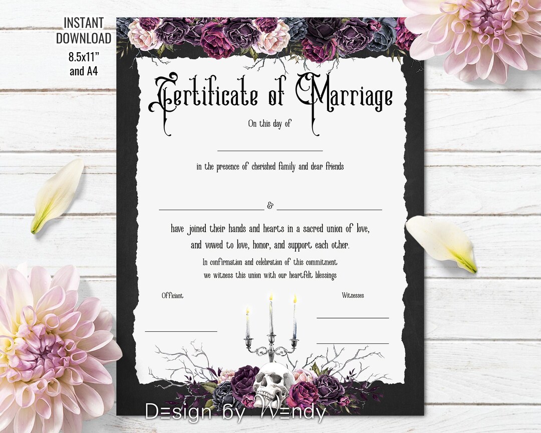 Gothic Marriage Certificate, With Skull and Roses. Instant Download ...
