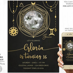 Gemini Zodiac Birthday Invitation, Editable Invitation Template. Black ...