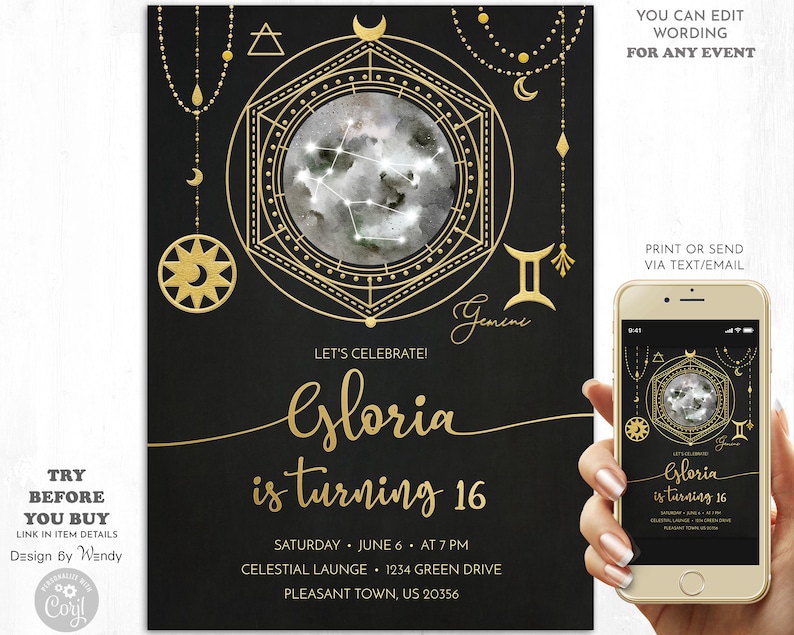 Gemini Zodiac Birthday Invitation Editable Invitation - Etsy