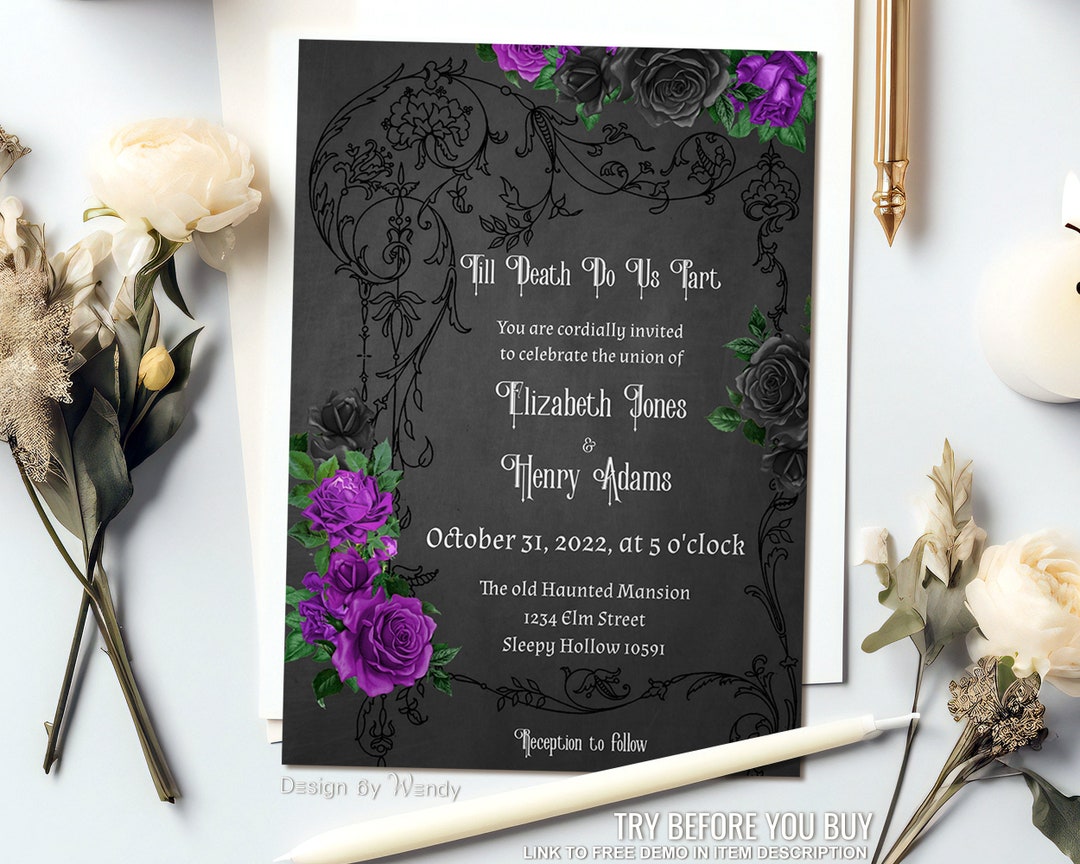 Victorian Gothic Wedding Invitation, Purple and Black Roses. Till Death ...
