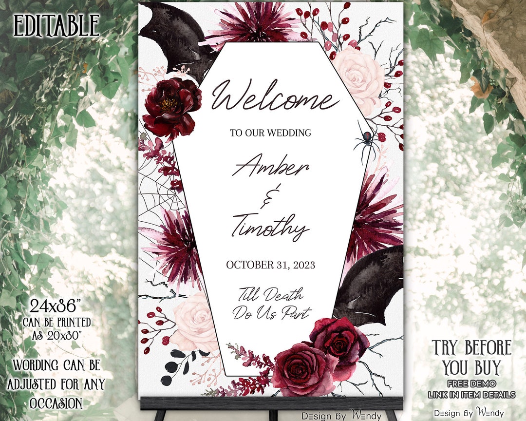 Coffin Welcome Sign Template, Gothic Wedding Sign. Editable Coffin and ...