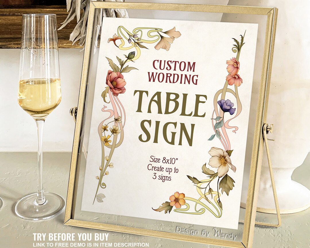 Vintage Table Sign Template With Art Nouveau Floral Frame. Editable ...
