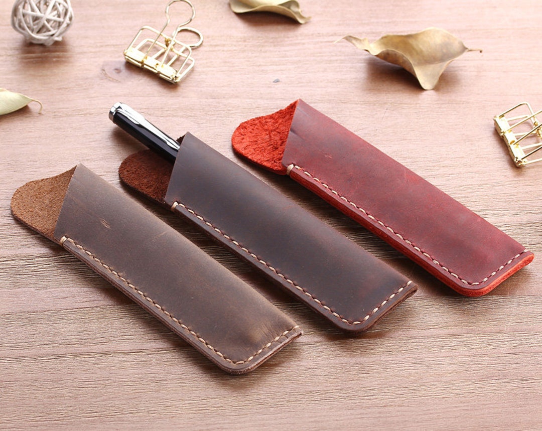Genuine Leather Pencil Case, Personalized Pen Holder, Hand Stitching ...