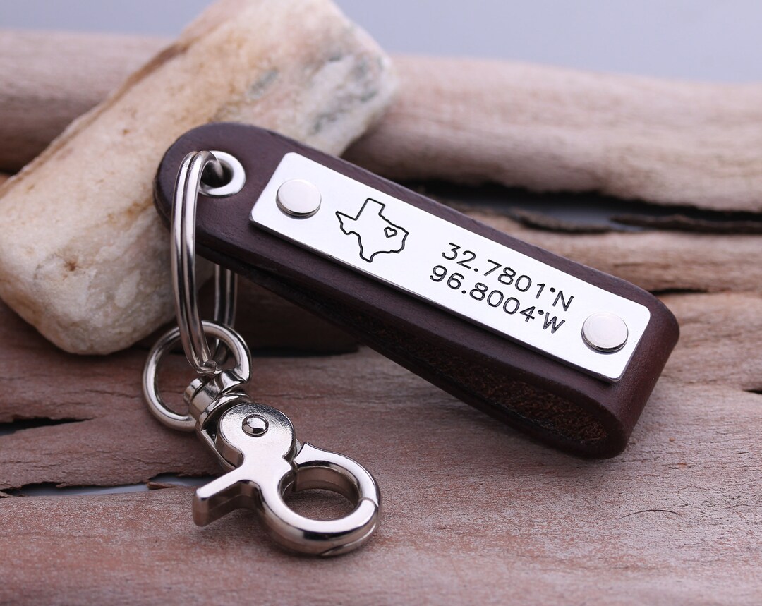 Personalized GPS Coordinate Keychain - Leather Latitude Longitude ...