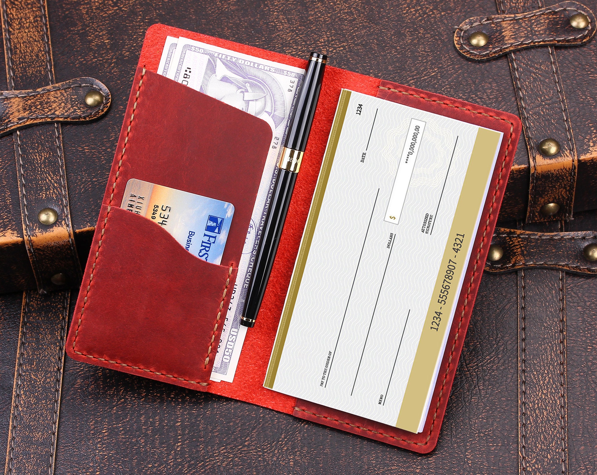 Handmade Checkbook Cover, Bifold Checkbook Holder, Genuine Leather ...