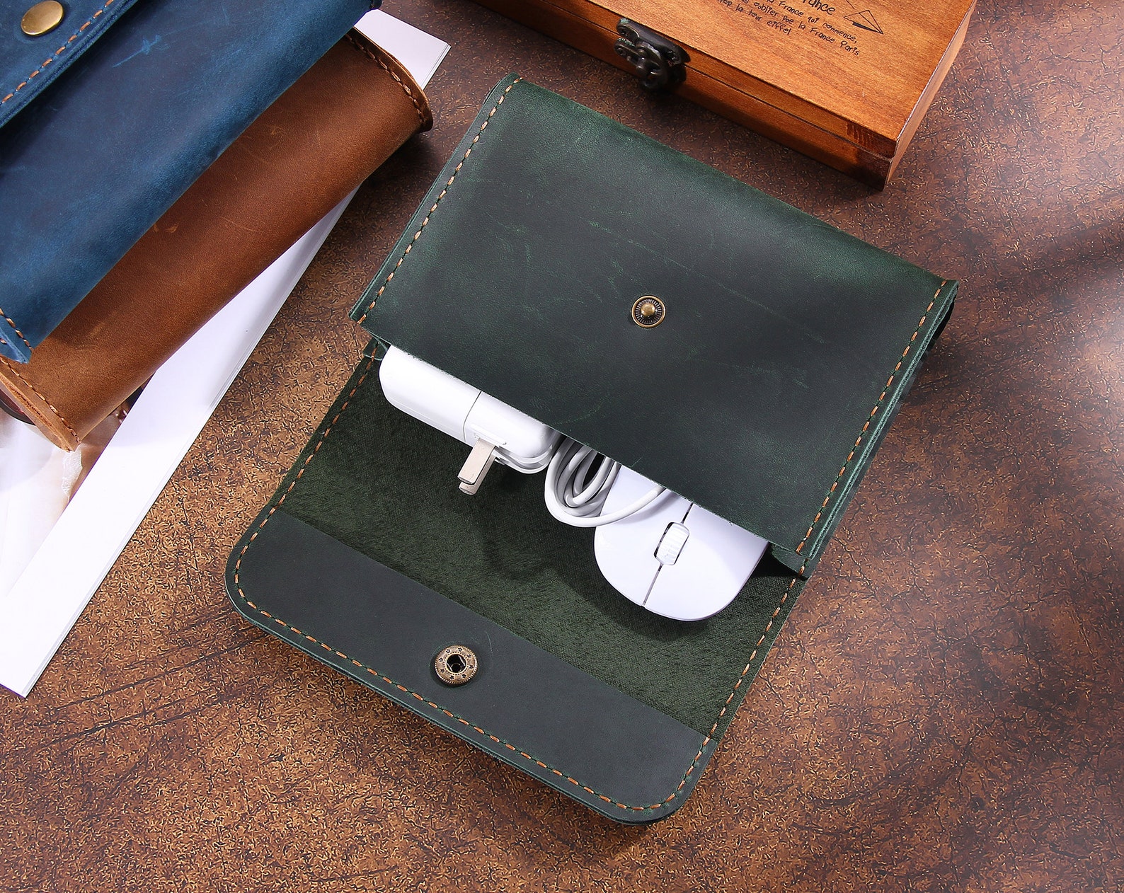 Custom Leather Charger Case, Handmade Portable Storage Organizer for ...