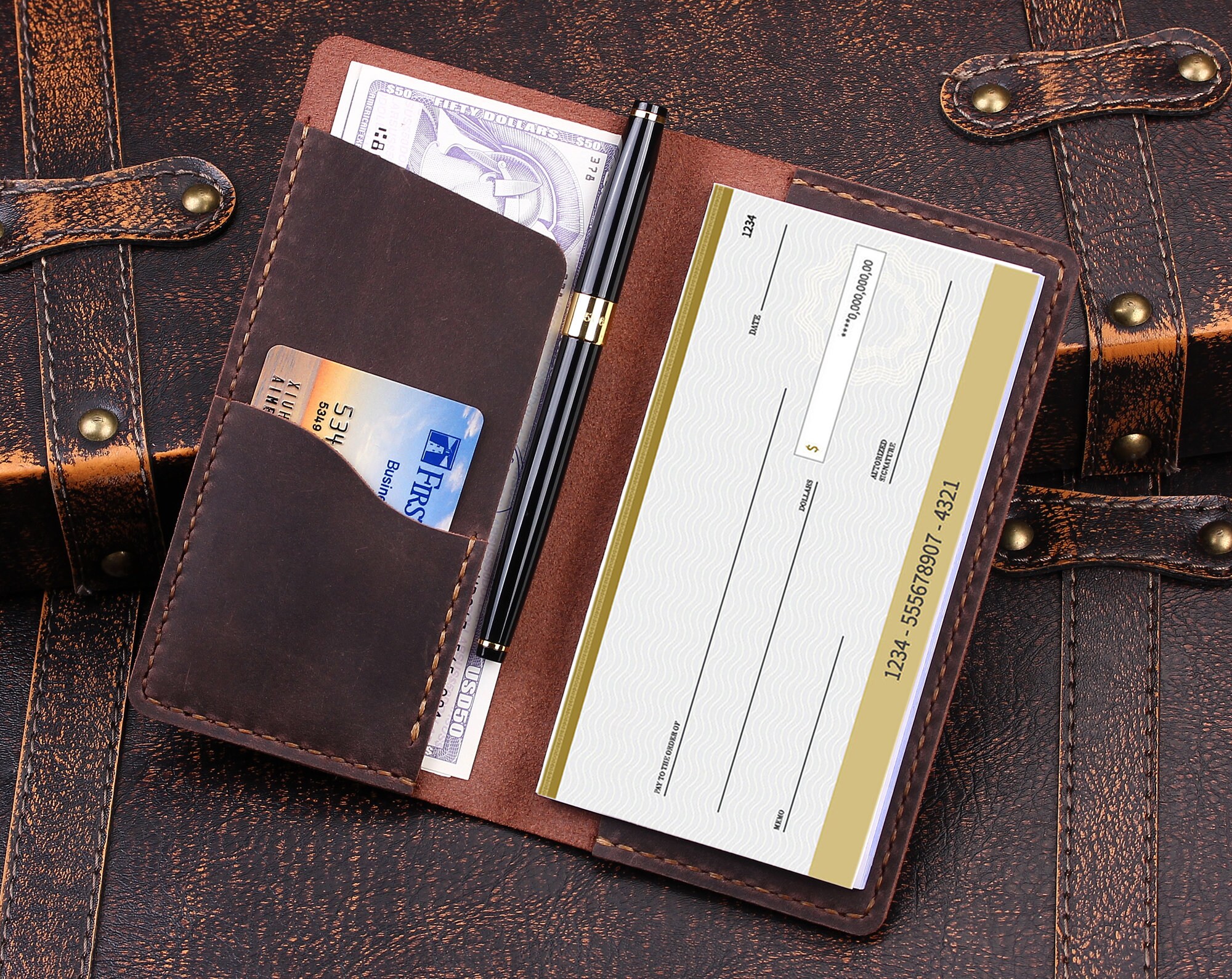 Handmade Checkbook Cover, Bifold Checkbook Holder, Genuine Leather ...