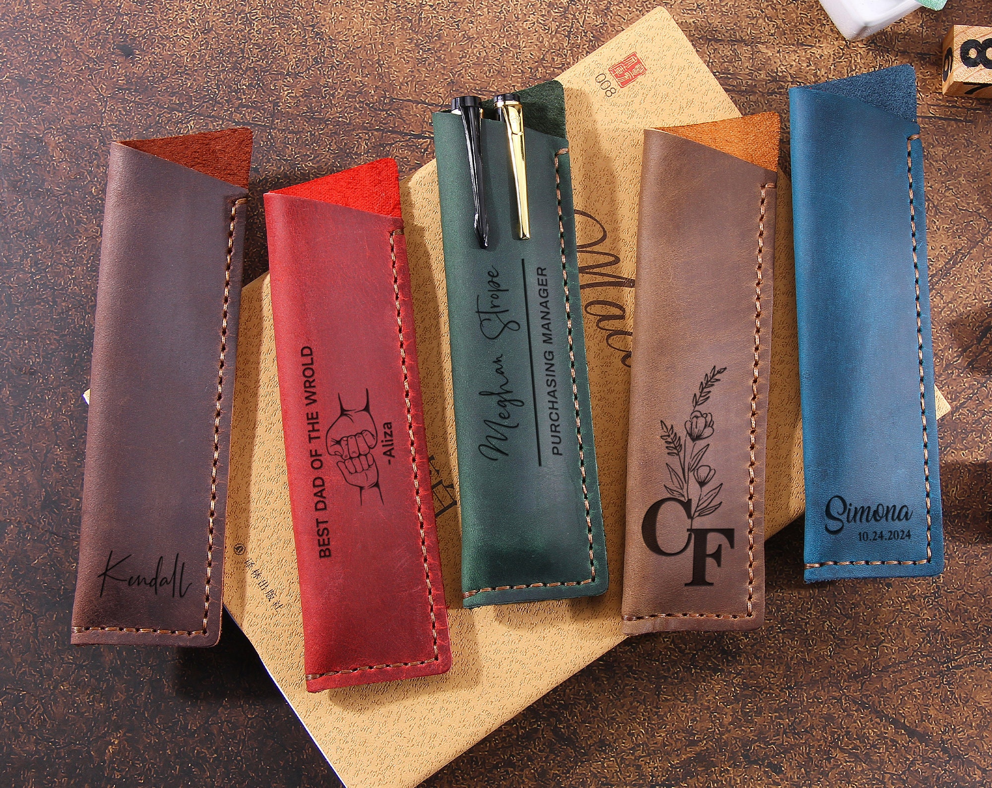 Personalized Genuine Leather Pen Pencil Bag, Custom Rustic Leather ...
