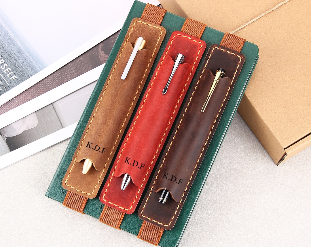 Leather Pen Holder With Elastic Band, Personalized Travel Pen Storage ...