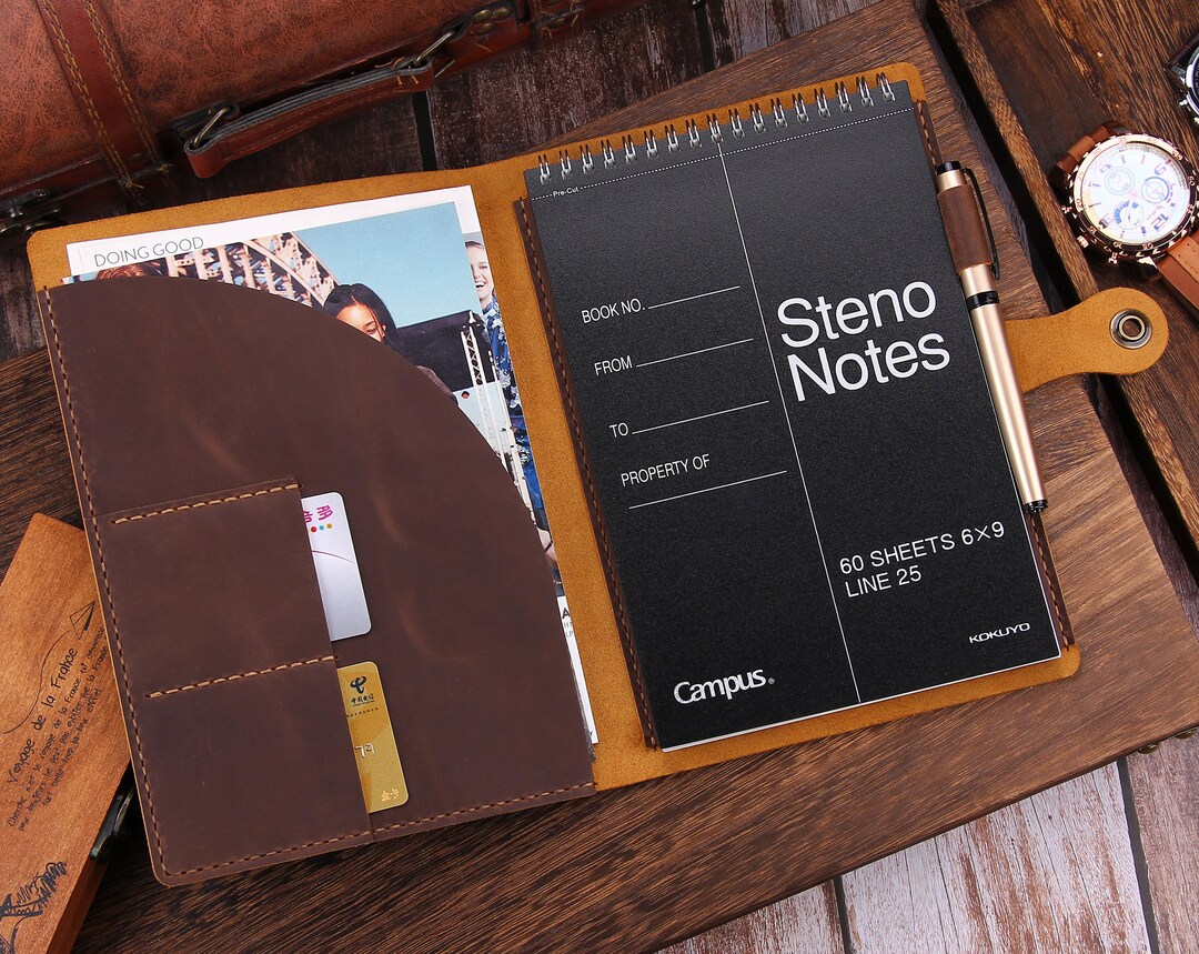 Leather Steno Pad 6x9 Holder, Folio Cover Compatible With Rocketbook ...