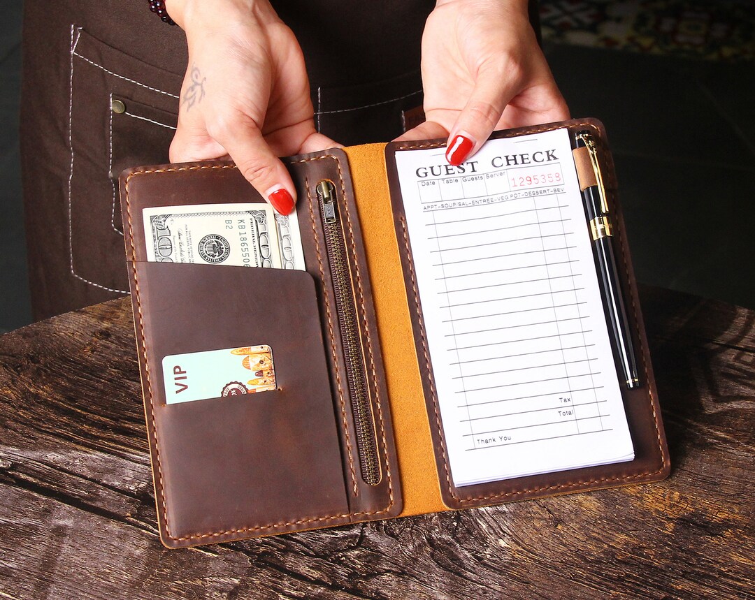 Handmade Server Book Organizer With Zipper Pocket, Leather Restaurant ...